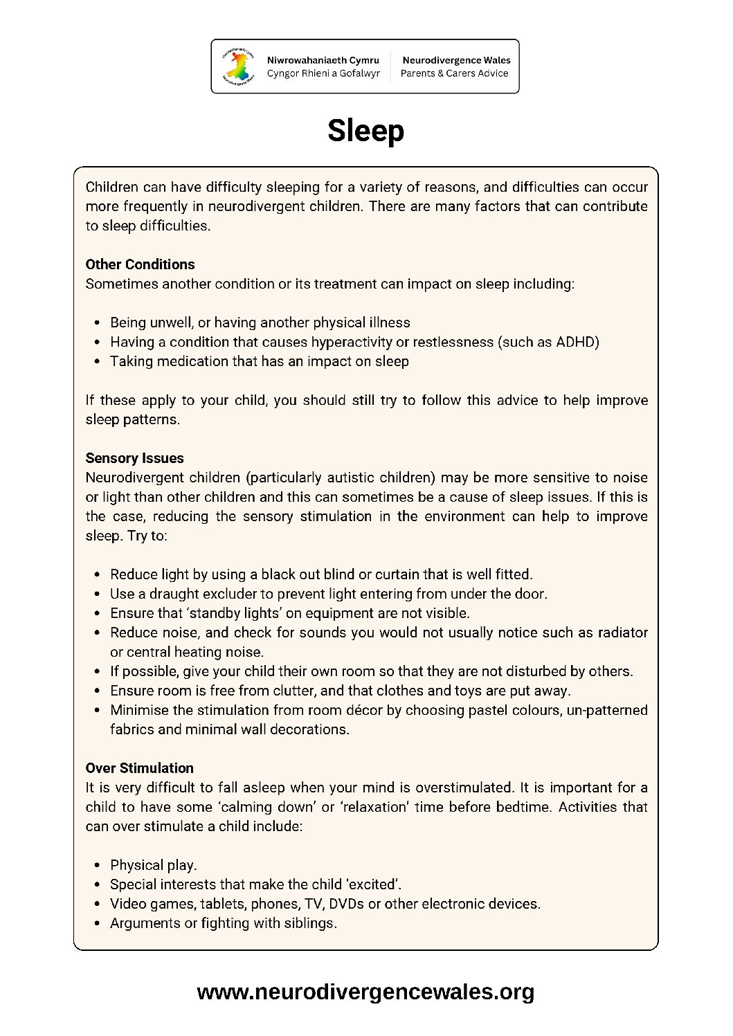 Advice Sheets for Parents & Carers - Niwrowahaniaeth Cymru ...