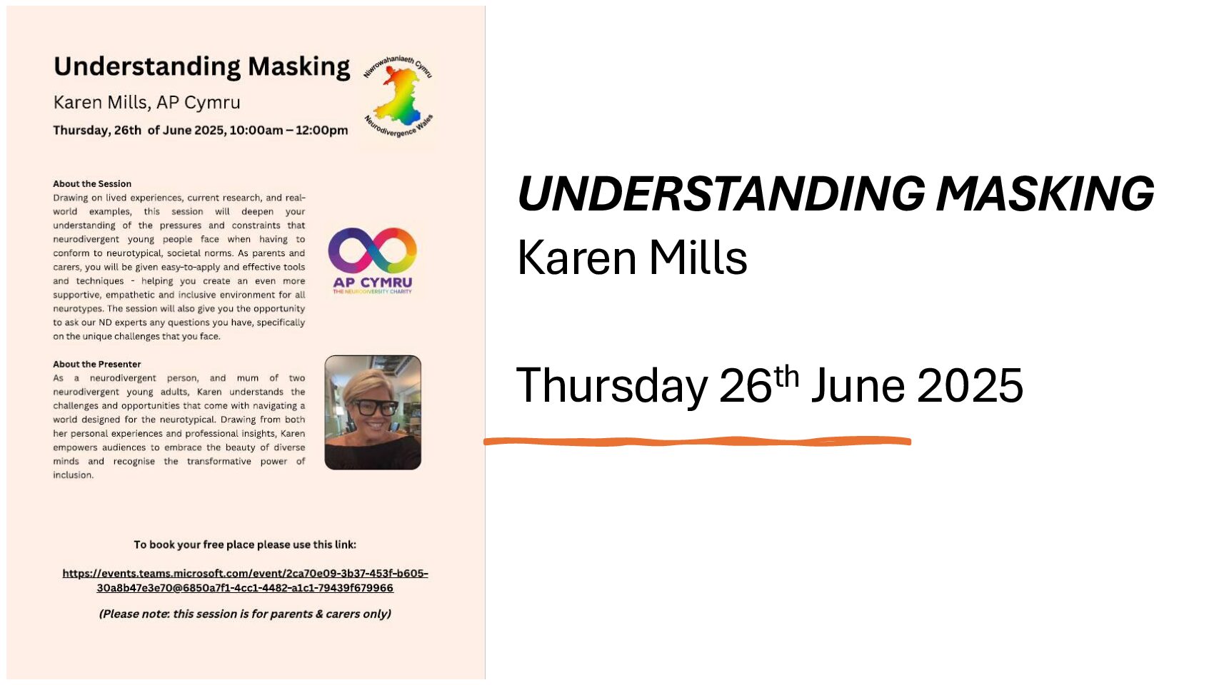 Parents and Carers Virtual Advice Sessions - Karen Mills, AP Cymru - Understanding Masking ...